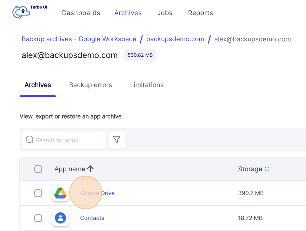 How do I view the folders in my Google Drive application’s backup archive?